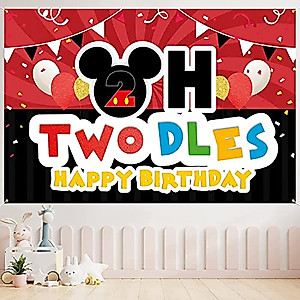 Oh Twodles Backdrop Banner Red and Black Cartoon Happy 2nd Birthday Theme Party Decorations Cheer to Two Years Old Photography Background Supplies for Boys Girls