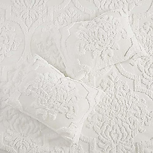 Madison Park Tufted Chenille Cotton Comforter, All Season Bedding Set, Matching Shams, Viola, Damask Off White Full/Queen(90"x90") 3 Piece