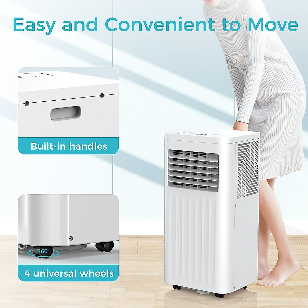 COWSAR 8,000 BTU Portable Air Conditioners with Remote, Portable AC Unit Cools Up to 350 Sq.Ft, Built-in Cool, Dehumidifier, Fan, Sleep Modes, Room Air Conditioners with LED Display/Swivel Wheels