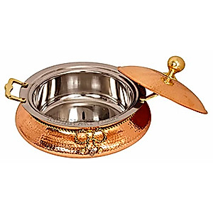 Indian Art Villa Steel Copper Hammered Chafing Dish With Brass Knob And Handles, Capacity - 8 Liters.
