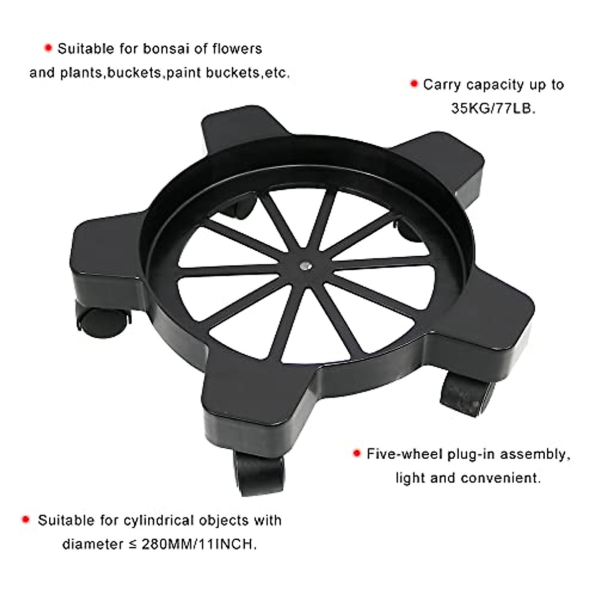 CNQLIS 5 Gallon Heavy Duty Drum Dolly with 5 Swivel Wheel Casters 77 Pound Capacity Drum CartAnti-Tipping for Flower Pots and Buckets Use 11" Diameter（Black）