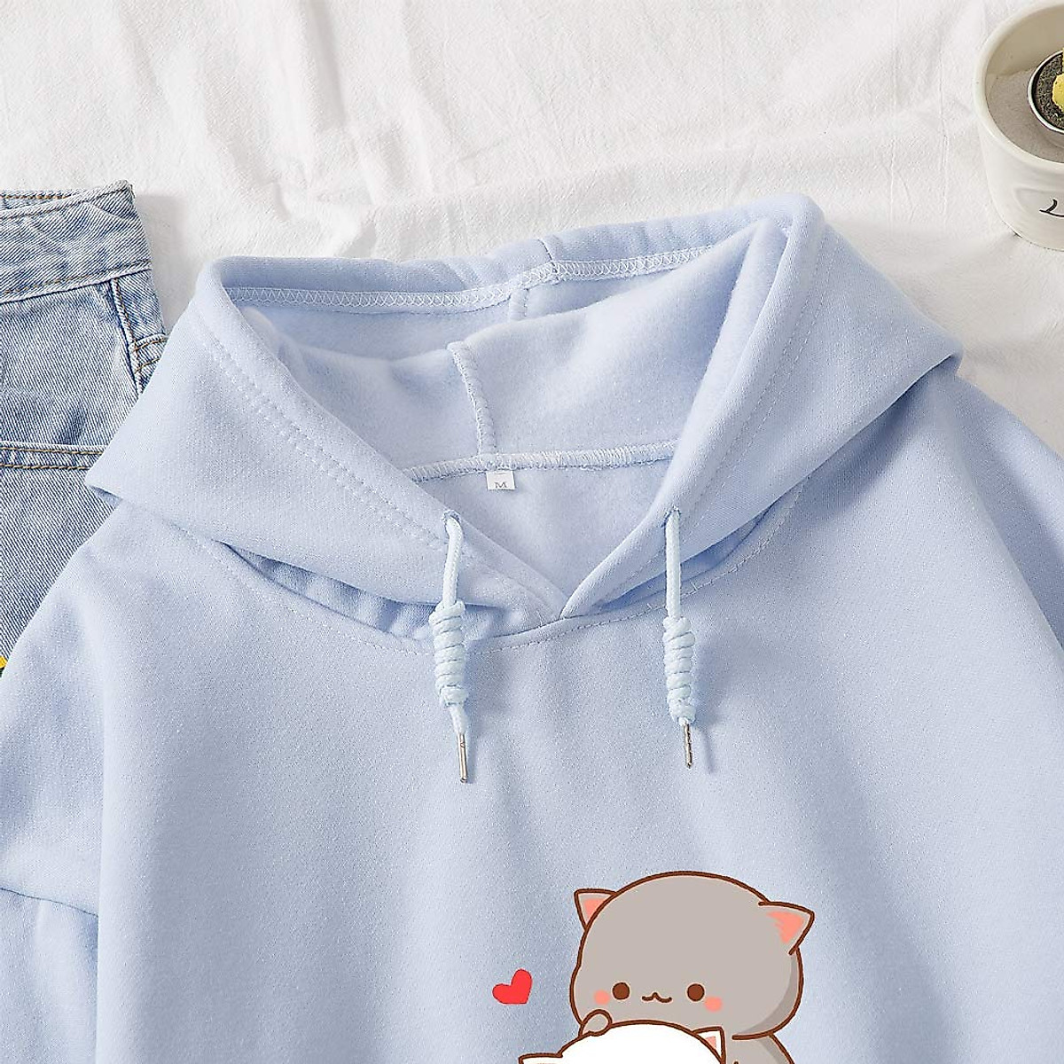 KEEVICI Women Kawaii Cartoon Cute Cat Graphic Casual Cotton Pullover Hoodies Sweatshirt Blue