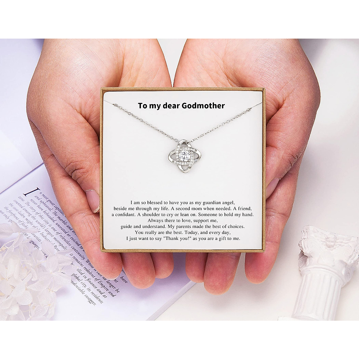 Famdecor Godmother Gifts from Goddaughter&Godson Godmother Necklace Sterling Silver Rhinestone Knot Necklace for Godmother Birthday Gifts Christmas Gifts