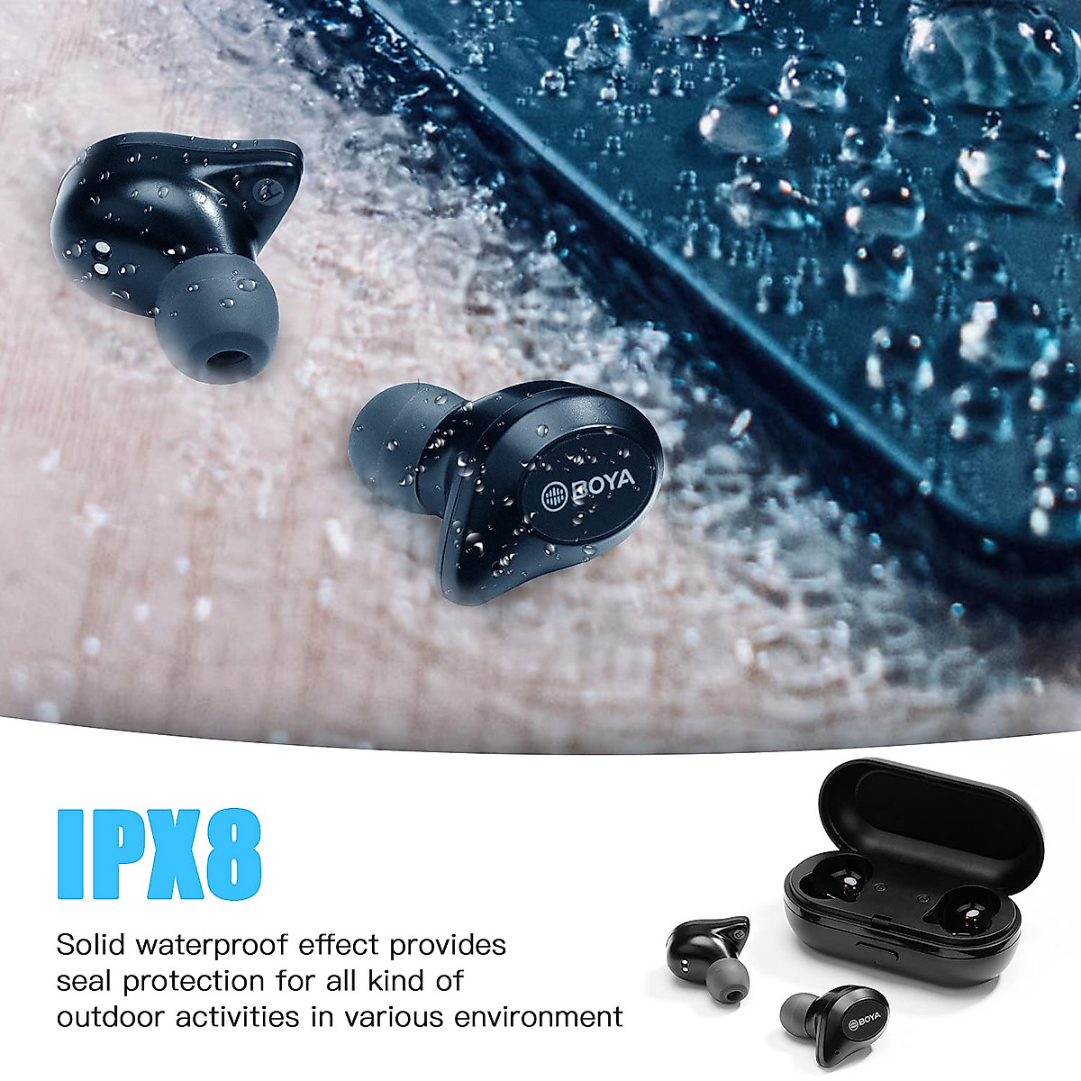 BOYA True Wireless Earbuds, Blutooth 5.0 in-Ear Earbuds Touch Control Wireless Headphone Earphone with Charging Case Built-in Microphone for Phone Calls Music Listening Sports (Black)