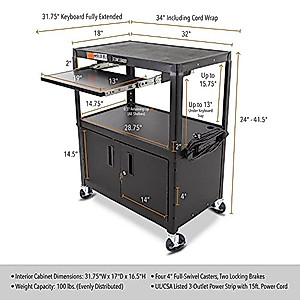 Line Leader Large AV Cart with Locking Cabinet | Height Adjustable Utility Cart | Includes Pullout Keyboard Tray & Cord Management | Easy Assembly (32in x 18in x 42in / Black)