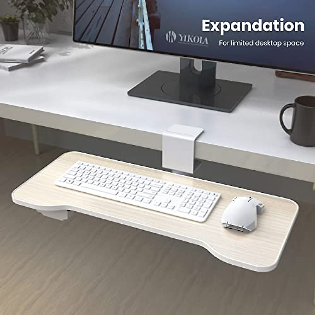 Keyboard Tray Under Desk,360 Rotating Keyboard&Mouse Tray with Drawer,Yikola Desk Extender Adjustable C-Clamp, Ergonomic Platform Tray Under Table,No Drilling Install 23.54'' x 9.8''in-Oak Pattern…