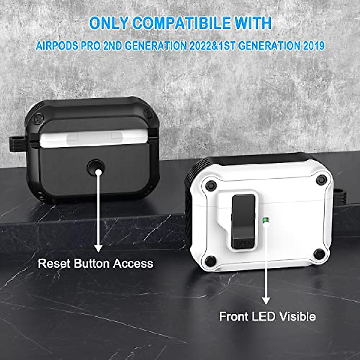 R-fun Airpods Pro 2nd Generation/1st Generation Case Cover with Automatic Snap Switch, Secure Lock Clip Super Protective for Airpods Pro Case (2019/2022) with Keychain for Men Women，White