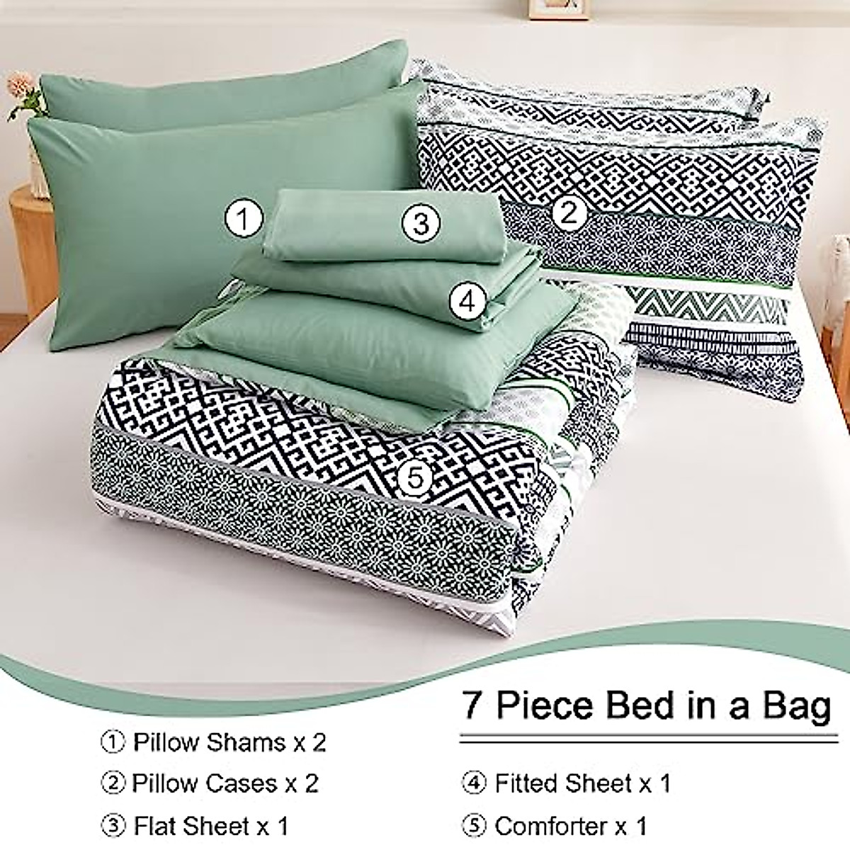 Luxudecor Boho Comforter Set Queen Size 7 Piece, Green Bohemian Bed in a Bag, Striped Comforter and Sheet Set, Soft Microfiber Bedding Set for All Season(Green, 90"x90")