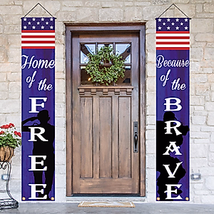 American Flag Patriotic Soldier Free&Brave Porch Banner,Patriotic Hanging Banner for Memorial Day Independence Day Veterans Day Yard Indoor Outdoor Decor