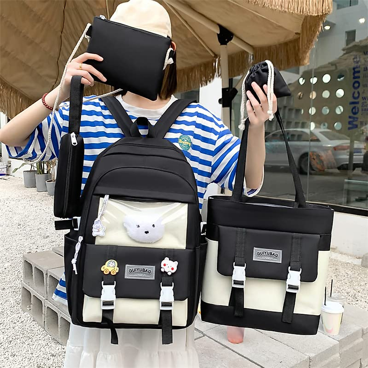 4Pcs Kawaii Canvas School Backpack with Pendant, Aesthetic Laptop Shoulders Ita Bag, School Supplies Stationary for Back to School (Purple)