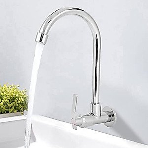 Kitchen Faucet, Water Sink Faucet Single-Tube Cold Wall-Mounted, 360° Rotatable G1/2inch Water Kitchen Tap Without Hose, Copper Outlet, Silver(Wall-Mount, No Basin Faucet)