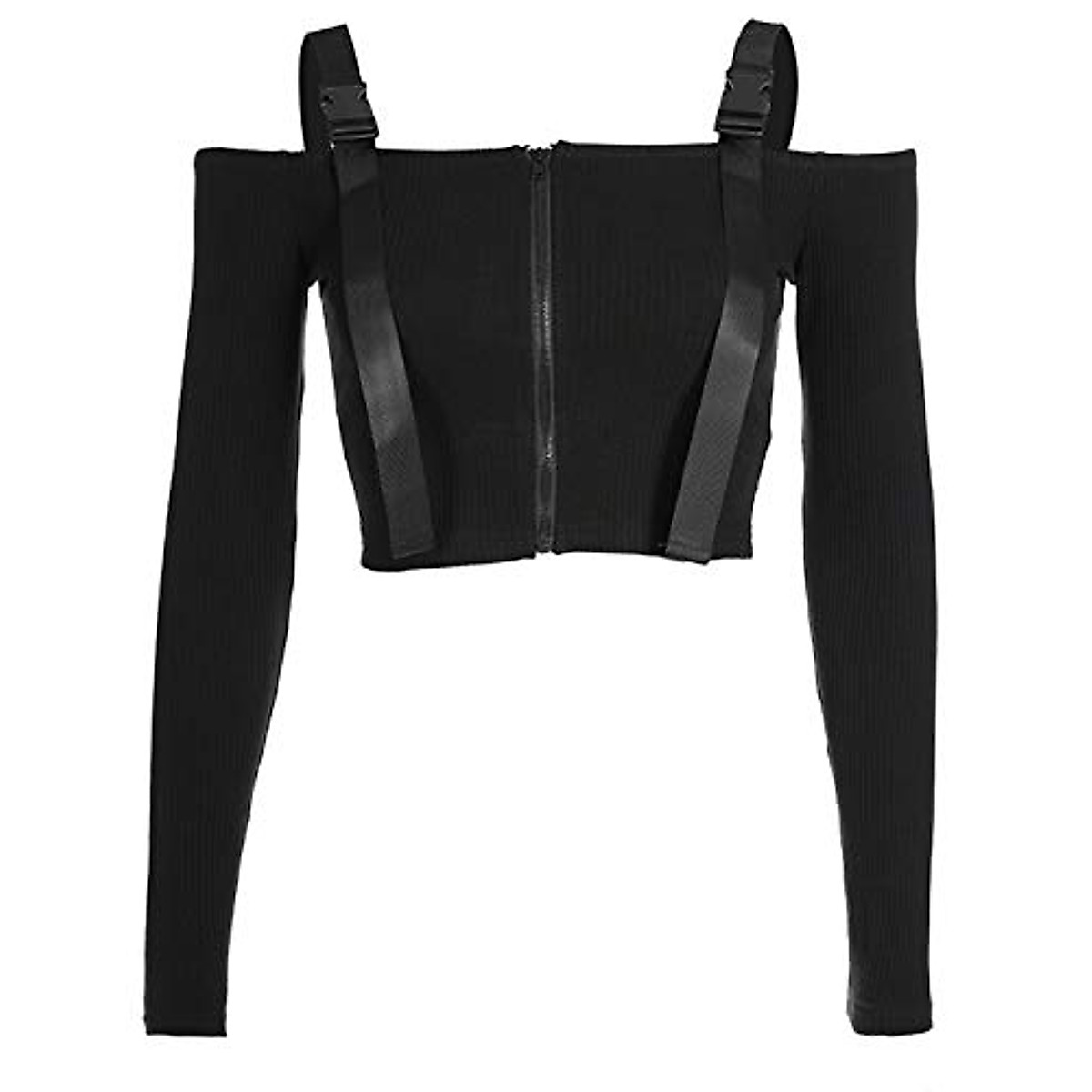 xxxiticat Women's Chic Fashion Off Shoulder Long Sleeve Cold Shoulder Knitted Zipper Up Tshirts Crop Tops Camis(T-BL,M) T-Black