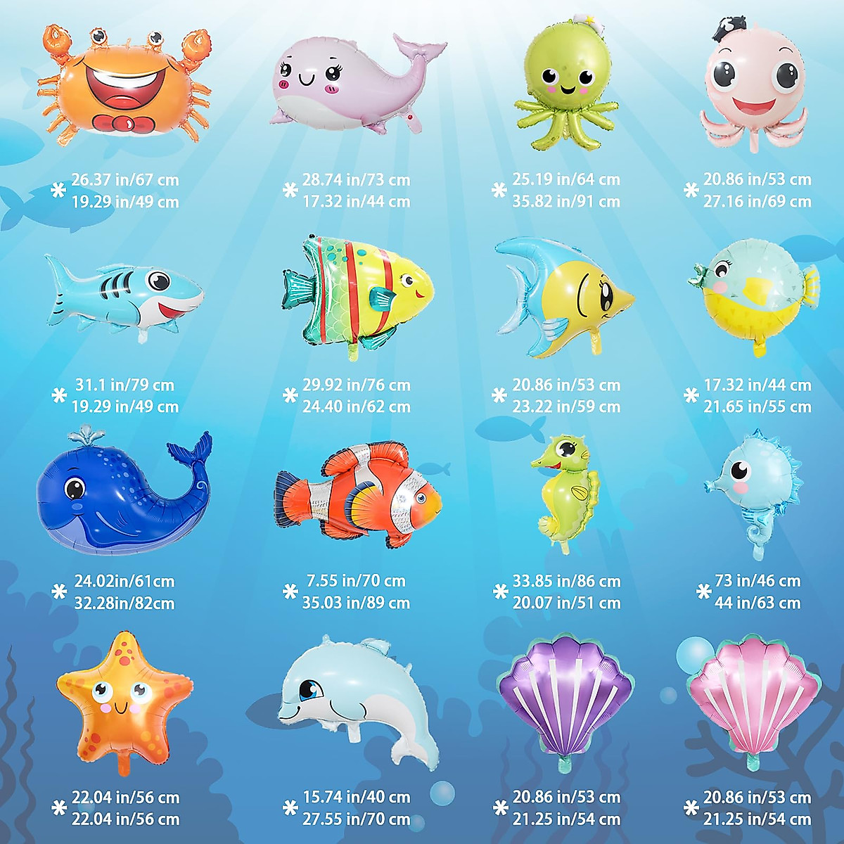 16Pcs Under the Sea Party Decorations, KUAOOAUK Large Ocean Themed Party Decorations, Starfish Seahorse Shark Crab Foil Balloons, Sea Animal Balloons for Kids Baby Shower Birthday Party