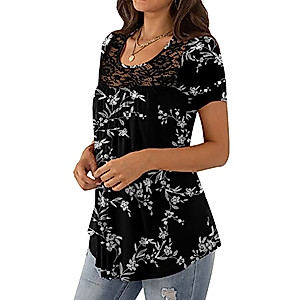 BISHUIGE Women's Casual Loose Short Sleeves Tunic Tops Lace Panel Pleated T-shirts Blouses with Leggings, M, Carved White - Black