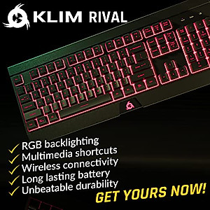 KLIM Rival Wireless Gaming Keyboard RGB US Layout - New 2023 - Slim Durable Ergonomic Quiet Silent Soft Sound Keys 25 Anti-Ghosting - RGB Backlit Wireless Keyboard Gaming for Laptop PC/Mac