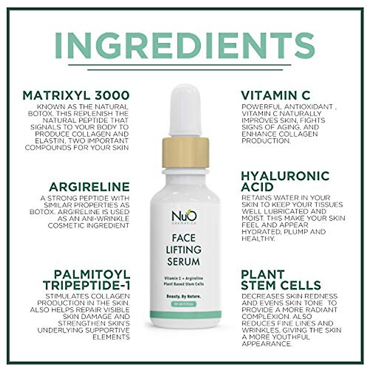 nuorganic Face Lifting Serum with Plant Stem Cells & Matrixyl 3000 - Advanced Anti-Aging to Minimize Fine Lines & Wrinkles - Vegan & Cruelty Free (1fl Oz)