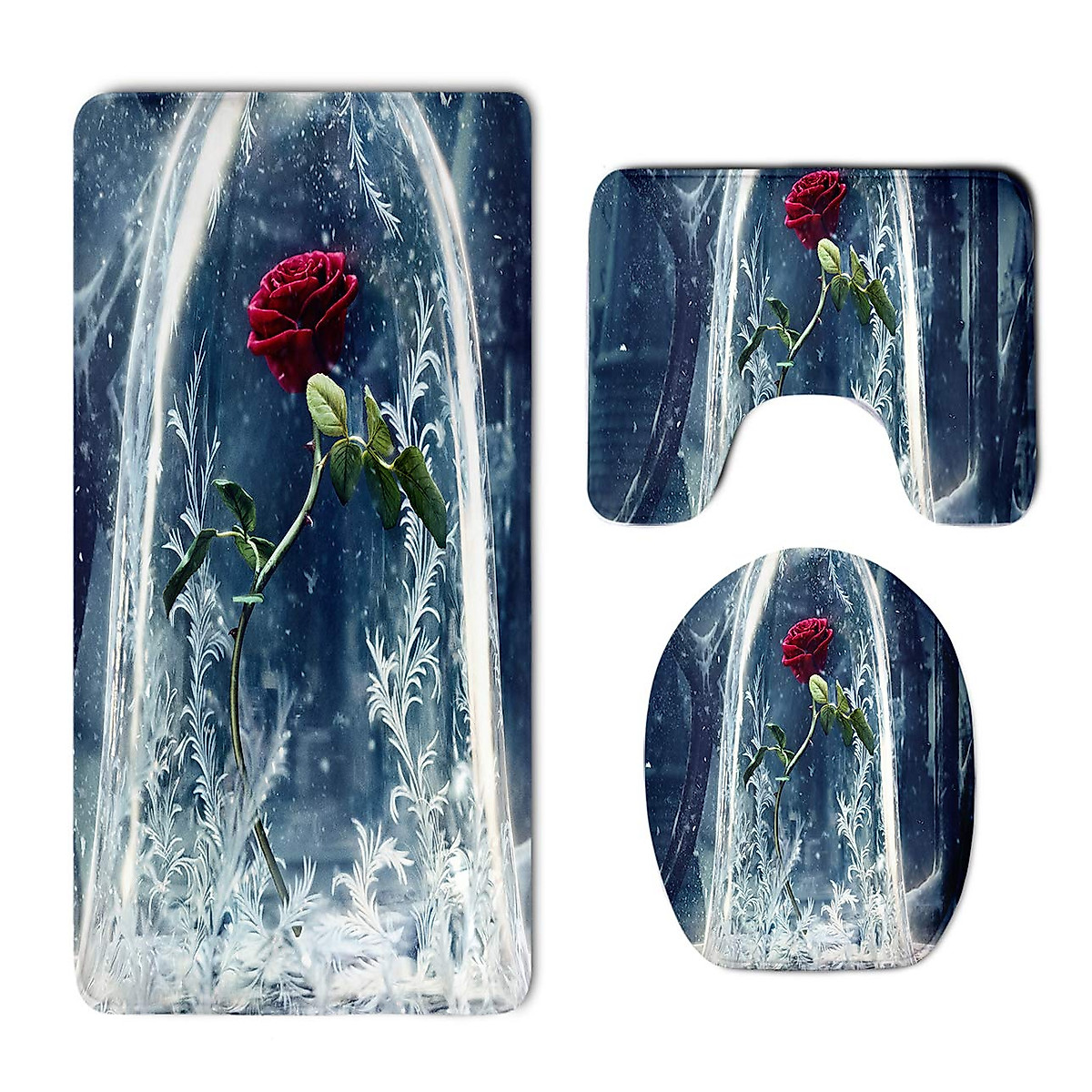 Bathroom Rug Mat Set 3 Pc - Memory Foam Plush Carpet Mats–Water Absorbent U-Shaped Bath Mats Lid Cover - Non Slip, Fast Dry Beauty The Beast Rose Rug Mat