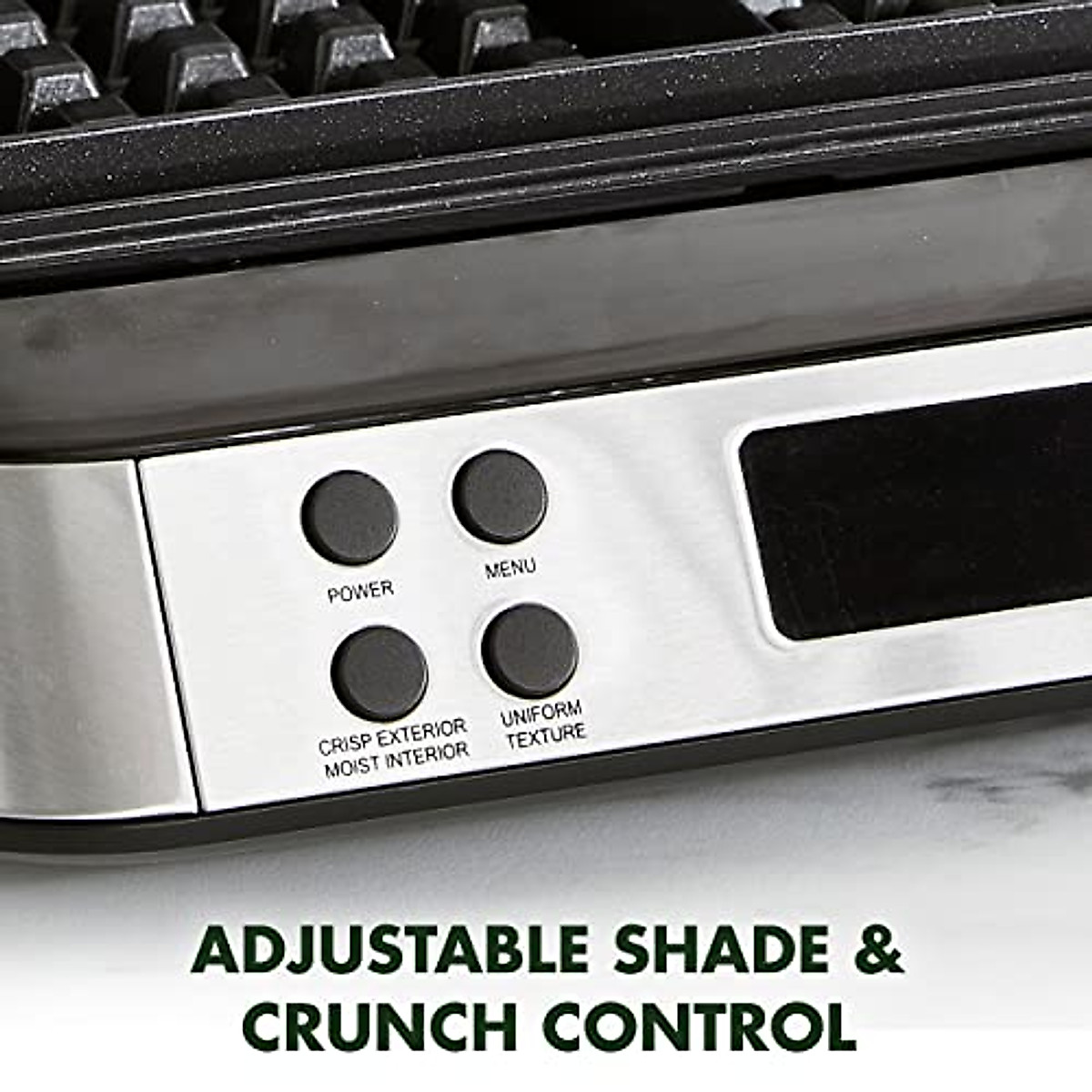 GreenPan Stainless Steel 2-Slice Belgian Waffle Maker Iron, Healthy Ceramic Nonstick Plates, Adjustable settings and Presets, Easy-to-use LED Display