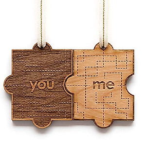 You And Me Puzzle Piece Wood Ornament Pair for Wedding Anniversary, Holiday [Personalized Name Love Ornament, Christmas Gift for Mom, Dad, Husband, Couple, Made in the USA]