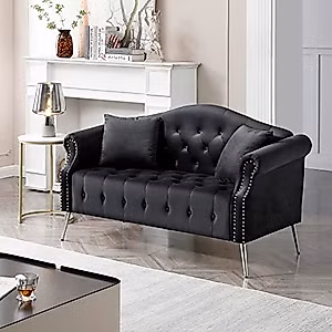 Holaki Chesterfield Velvet Sofa,59.4" Modern Upholstered Classic Button Tufted Nailhead Trimming Loveseat with Rolled Arms,Silver Metal Legs&2 Pillows,Comfortable Velvet Couches for Living Room(Black)