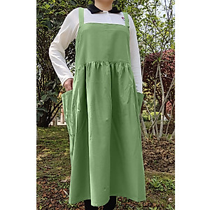 losofar Cotton Linen Square Dress Overalls Kitchen Gardening Solid Color Apron Flower Shop Smock (Green, 92cmx110cm)