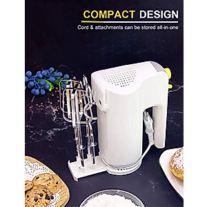 Hand Mixer Electric, MOSAIC Mixer with Cord & Attachments Storage and 4 Stainless Steel Accessories, Easy Eject Handheld Mixer for Whipping Mixing Cookies, Brownies, Cakes, Dough (White)