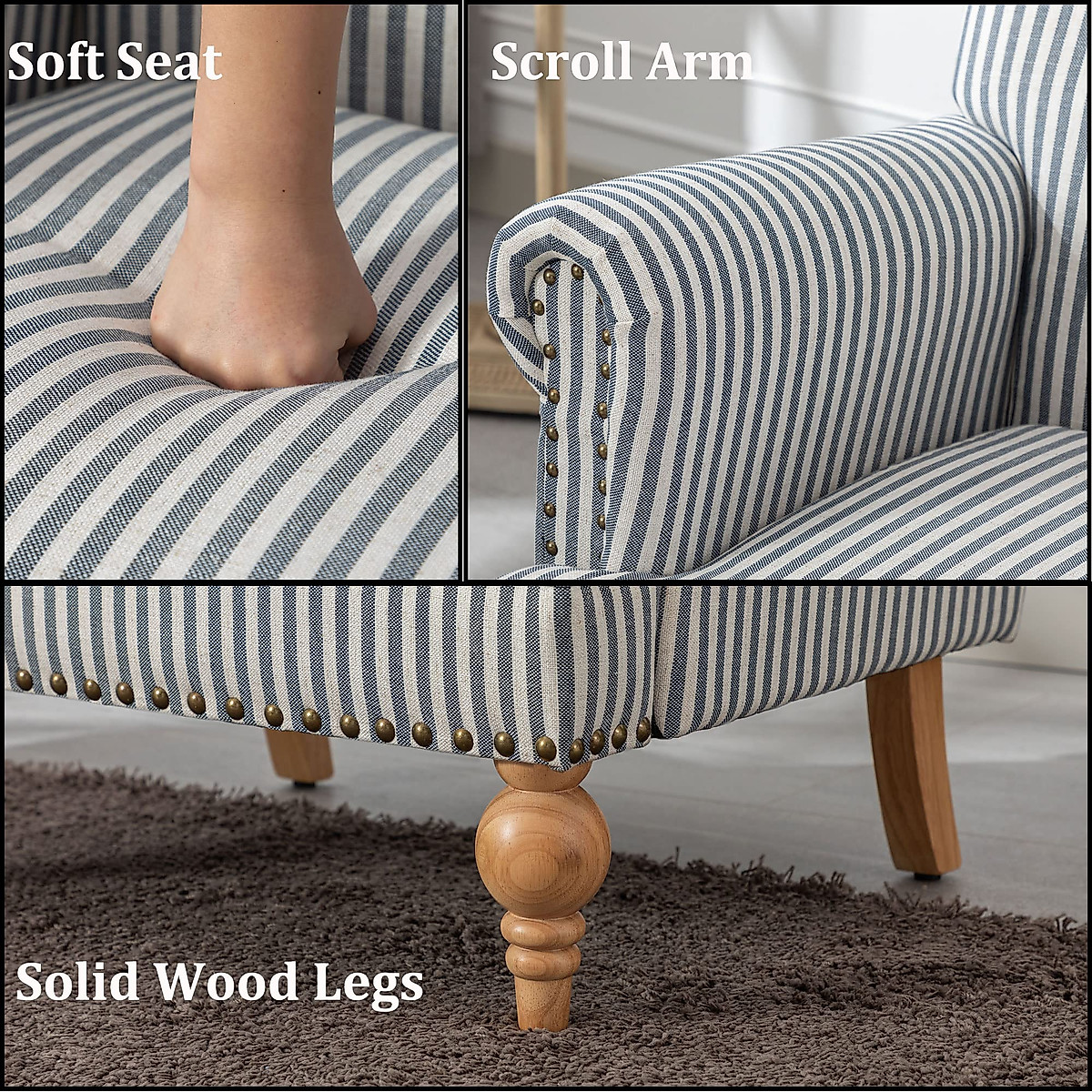 DM Furniture Mid Century Modern Accent Chair Linen Fabric Armchair Wide Reading Chairs Upholstered Lounge Chair for Bedroom/Living Room/Reception Room, Blue Stripe