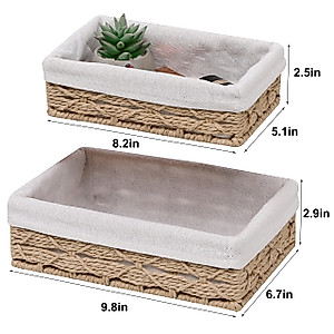 Sopsele Small Wicker Baskets for Organizing,Paper Rope Storage Basket，Desk Basket With Liner,Hand Towel Baskets, Baskets for Drawer Organizing, Toilet Tank Basket, Set of 2 Beige