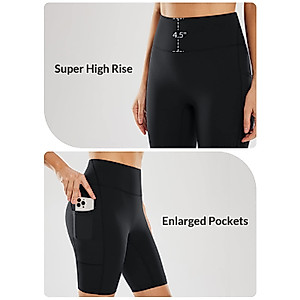 BALEAF Women's Light Compression Biker Shorts 8" High Waisted Yoga Gym Spandex Shorts Side Pockets Black XL