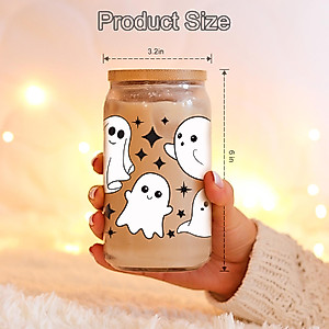 Coolife Ghost Halloween Cup, 16 oz Tumbler Glass Cups w/Lids Straws - Spooky Iced Coffee Cup, Smoothie Cup, Cute Halloween Gifts for Women, Girls, Spooky Gifts for Teens, Boys, Her