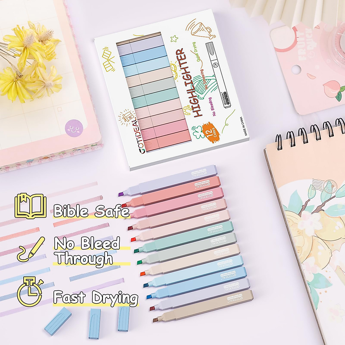 GOTIDEAL Aesthetic Cute Pastel Highlighters set, 12 Pack No Bleed Bible Highlighters With Soft Chisel Tip for office journal, School study accessory supplies