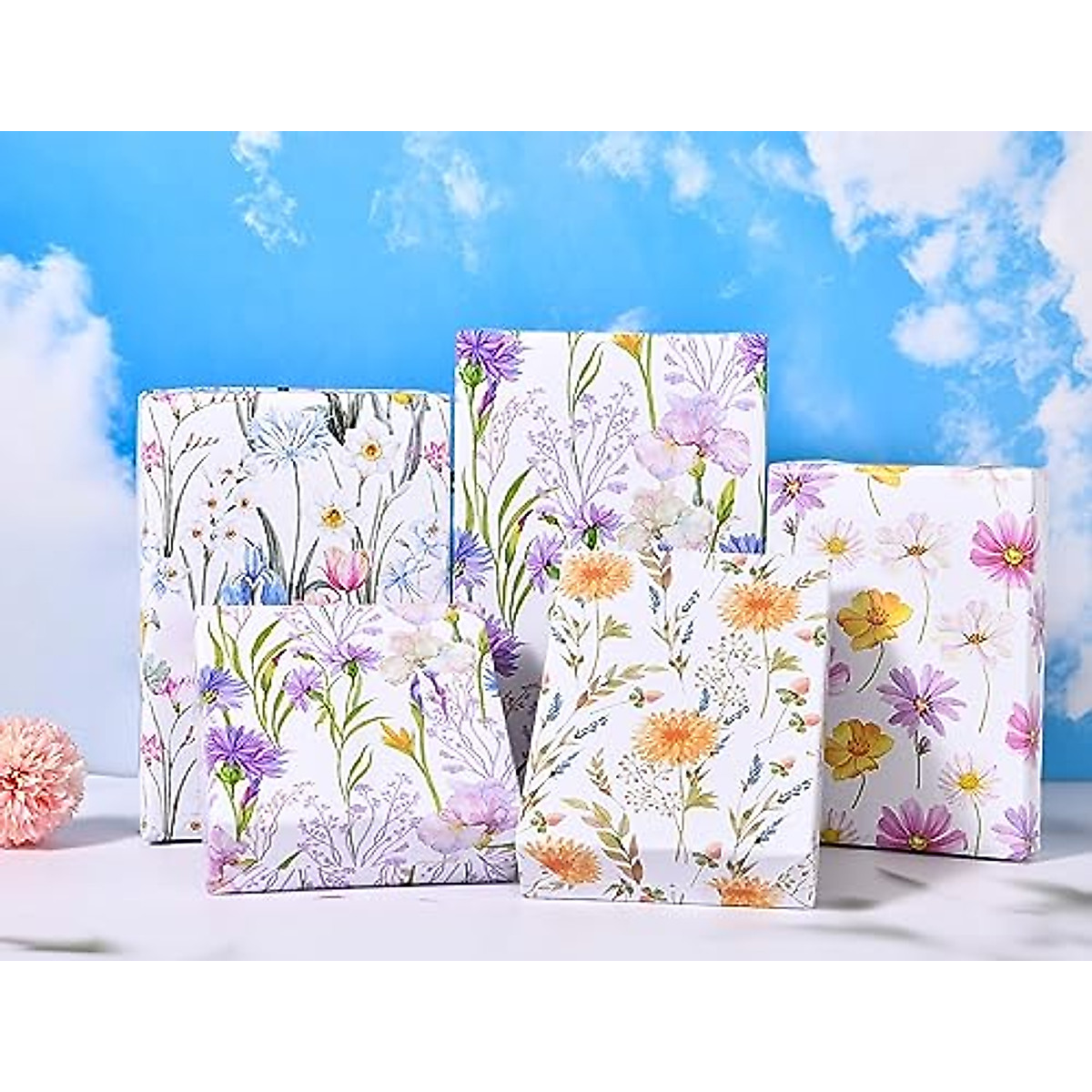 Sikiweiter Floral Wrapping Paper - Floral Gift Wrap for Wedding Mothers Day Birthday, 8 Sheets Wildflower Wrapping Paper, 19.7 x 27.6 Inches Per Sheet