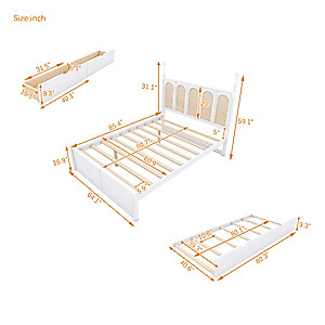 SOFTSEA Queen Size Platform Bed with Trundle and 2 Storage Drawers, Wood Platform Bed with Rattan Headboard, Rattan Bed Frame with Wood Support Slats, No Box Spring Needed, White