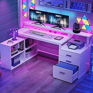 YITAHOME L Shaped Desk with 3 Drawers, 65" Corner Computer Desk with Power Outlets & LED Lights, L-Shaped Desk with File Cabinet & Printer Stand for Home Office, White