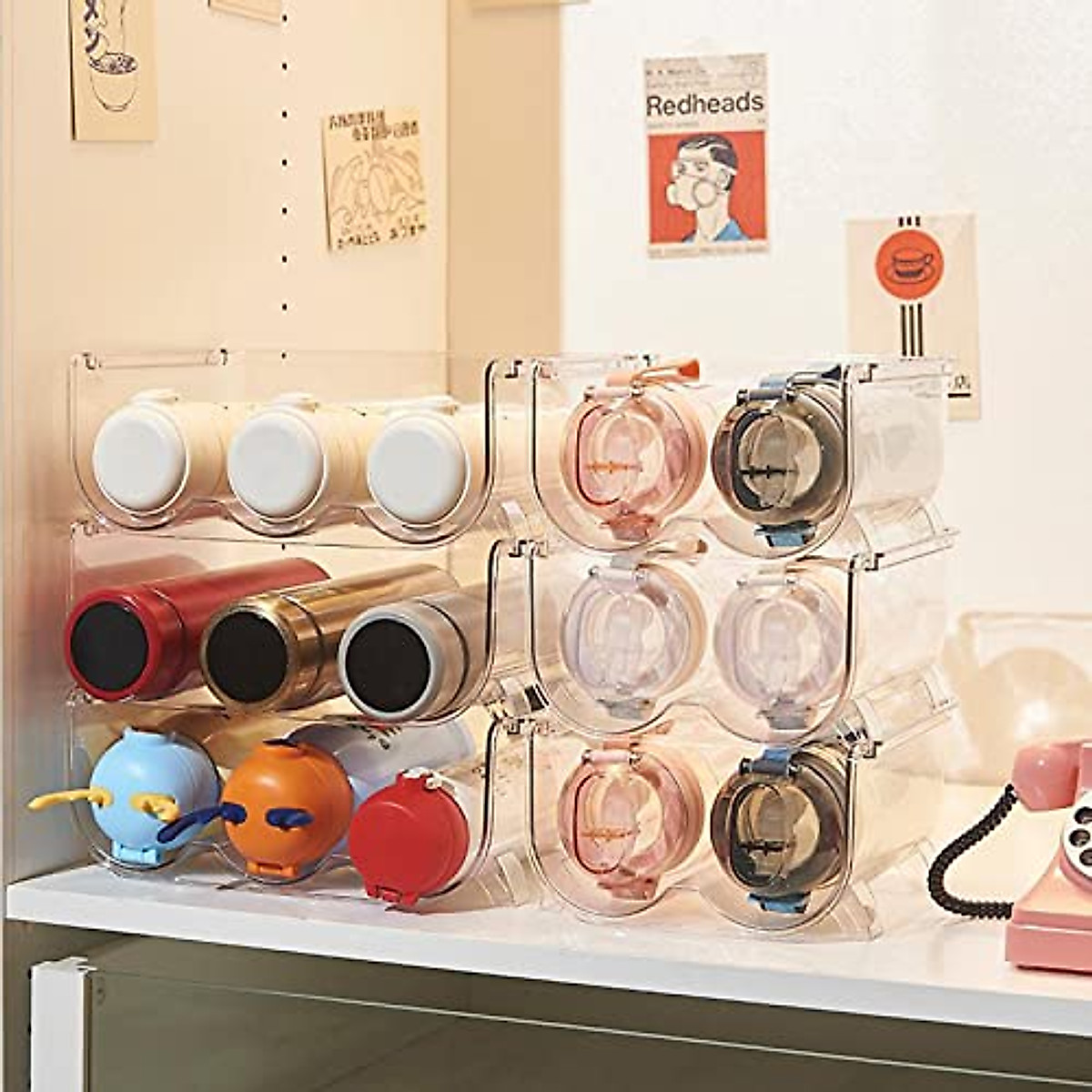 Clear Plastic Free-Standing Stackable 4 Bottle Storage Holder Rack - Water, Wine, and Drink Organizer Shelf for Kitchen Countertop, Cabinet, Pantry, Fridge