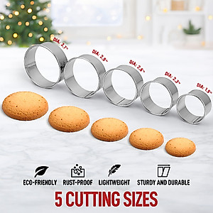 Zulay (5-Pieces) Round Cookie Cutters - Stainless Steel Rustproof Circle Biscuit Cutter Molds - Assorted Round Cookie Cutters With Rolled Top Edges For Dough & Pastries