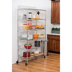 TRINITY EcoStorage Heavy Duty 6-Tier Adjustable Wire Shelving with Wheels and Backstands for Kitchen Organization, Garage Shelving, NSF Certified, 48” W x 18” D x 72-77” H, 800-4800 lb Capacity Chrome