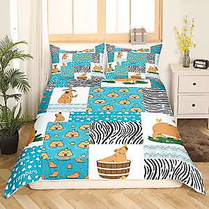 Kawaii Capybara Comforter Cover Cartoon Animal Bed Set, Blue Plaid Checkered Duvet Cover Queen Size Cute Cow Printed Bedding Sets, Lovely Zebra Print Bedspread Cover Breathable for All Seasons