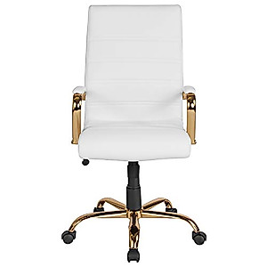 Flash Furniture Whitney High Back Desk Chair - White LeatherSoft Executive Swivel Office Chair with Gold Frame - Swivel Arm Chair