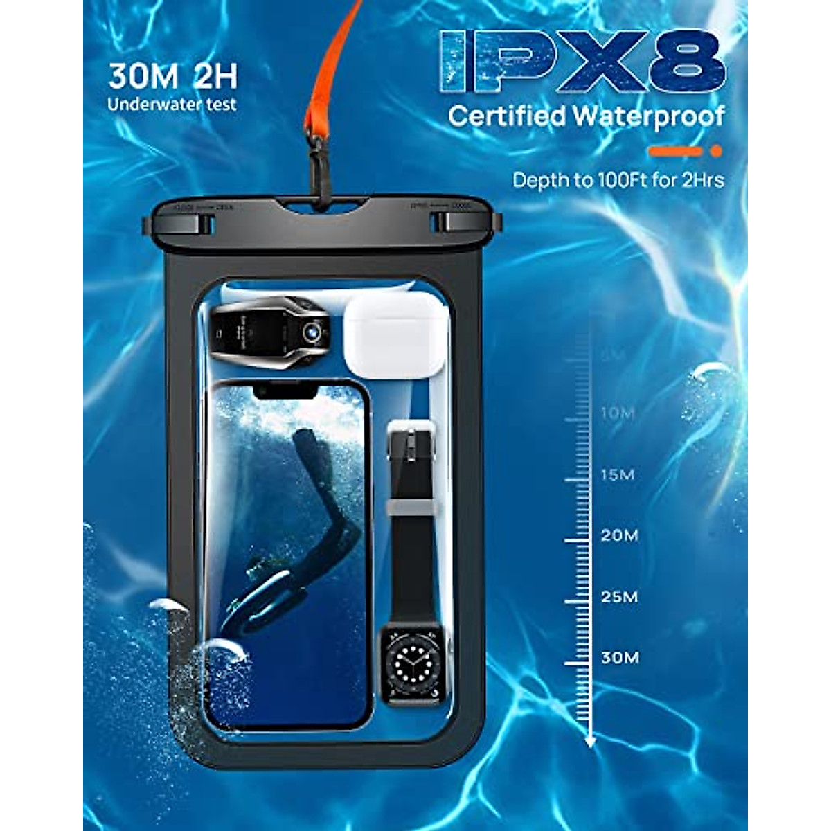 Lanhiem 10.5" Large Waterproof Phone Pouch, 2 Pack Universal IPX8 Waterproof Dry Bag with Lanyard for iPhone 14/13/12 Pro Max, Samsung Galaxy S23 Ultra, S22 S21 S20 FE, Google Pixel 7 6A, Black+Black