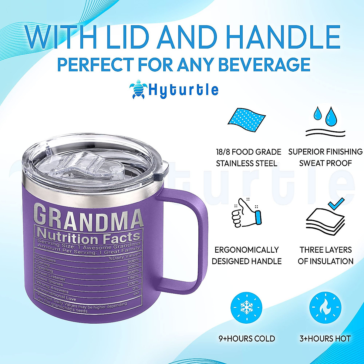 Hyturtle Grandma Nutritional Facts Coffee Purple Mug/Tumbler 14oz Gift For Women, Mothers Day Gifts For Grandma From Granddaughter, Grandson, Kids - Birthday, Christmas Gift Ideas For Grandma