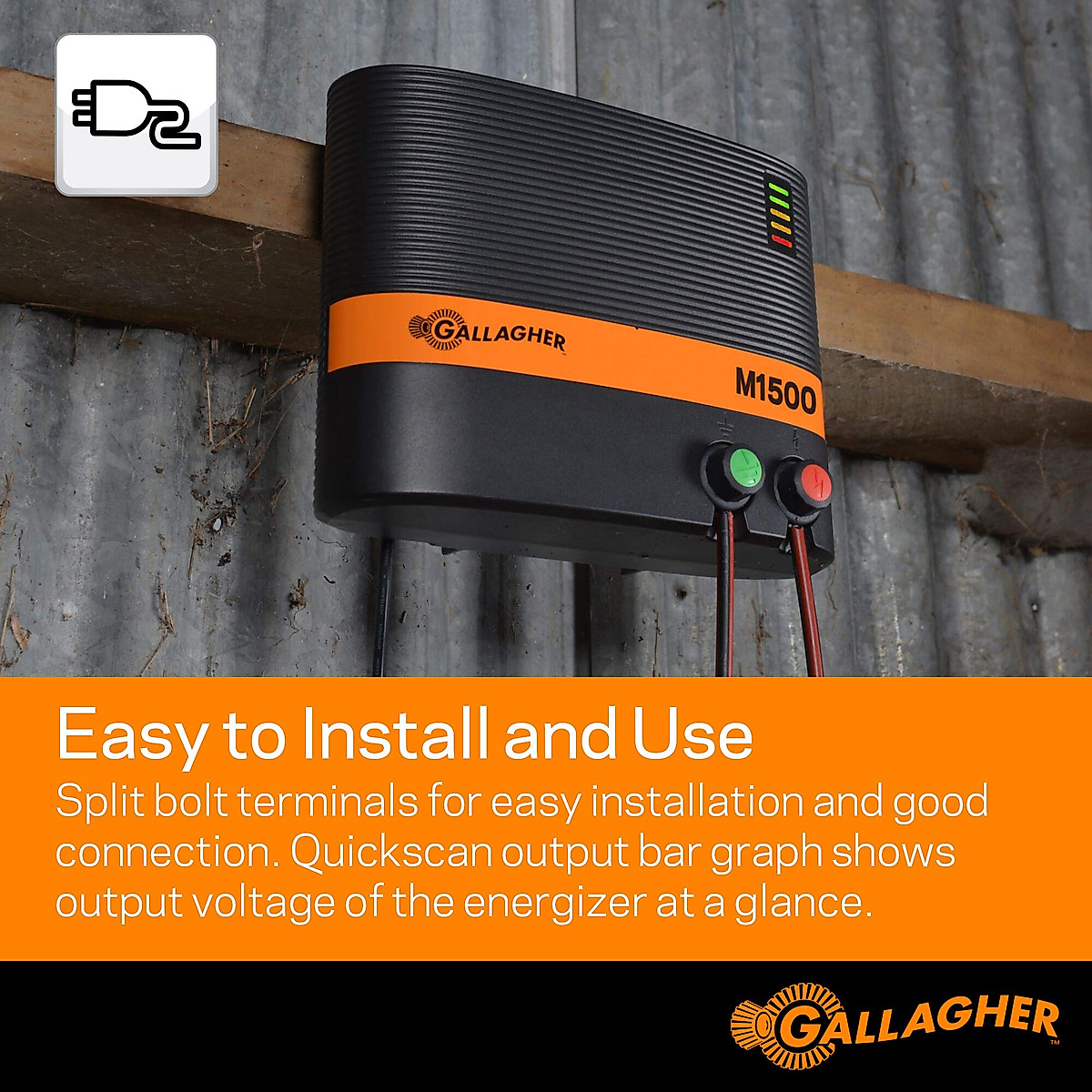Gallagher M1500 Electric Fence Charger | Powers Up to 160 Miles / 900 Acres of Clean Fence | ​15 Joules, 110 Volt Energizer, Added Power Reserve | Unbeatable Reliability | Easy Installation