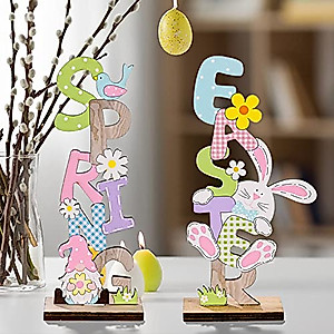 Easter Tabletop Decoration Signs, Easter Table Centerpieces Wooden Bunny Gnomes Decorations Family Signs for Spring Holiday Easter (2PCS)