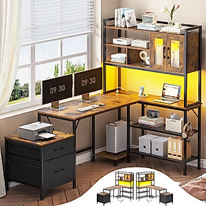 UPOSOJA L Shaped Computer Desk, 69.7in Gaming Desk with Hutch, Home Office Desk with Power Outlet, Bookshelf Led Strip File Cabinet Printer Rack (Brown, 1 Hutch)