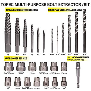 TOPEC Screw Extractor Set, 26 Piece Bolt Extractor Kit and Left Hand Drill Bit with Hex Adapter, Easy Out Stripped Lug Nut Remover Socket for Stripped, Damaged, Rounded-Off, Rusted Bolts, Nuts&Screws