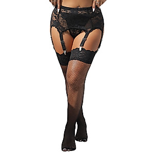 ohmydear Womens Garter Belt for Thigh Highs Plus Size Floral Lace Garter Belt with 6 Straps for Stockings (With Stockings) Black
