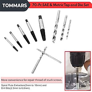 TOMMARS 70-Pc Tap and Die Set, SAE & Metric Hex Thread Taps Dies Wrench Metric Sizes M3 to M12 & Standard Sizes #4 to 1/2" Type NC NF NPT