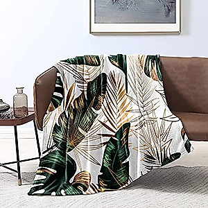 Bedbay Leaf Blanket Soft Flannel Throw Blanket for Couch Green Blanket Green and Gold Palm Leaf Printed Lightweight Plush Throw Fleece Blanket for Bed Sofa Chair (Leaf, Throw(50"x60"))