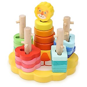 Boxiki kids 27 PCS Montessori Toys for 1 to 3 Year Old Boys Girls Toddlers, Wooden Shape Sorter & Stacking Toys, Color Recognition Stacker, Baby Puzzles Gift