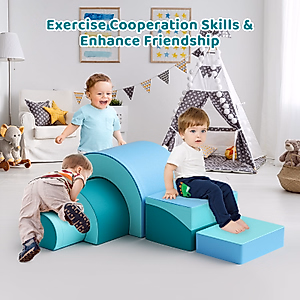 Lischwert Foam Climbing Blocks, Soft Climbing Toys for Toddlers, 5 Pieces Crawl and Climb Foam Playset with Foldable Block and Tunnel, Indoor Climber Activity Play Set for Kids Age 1+